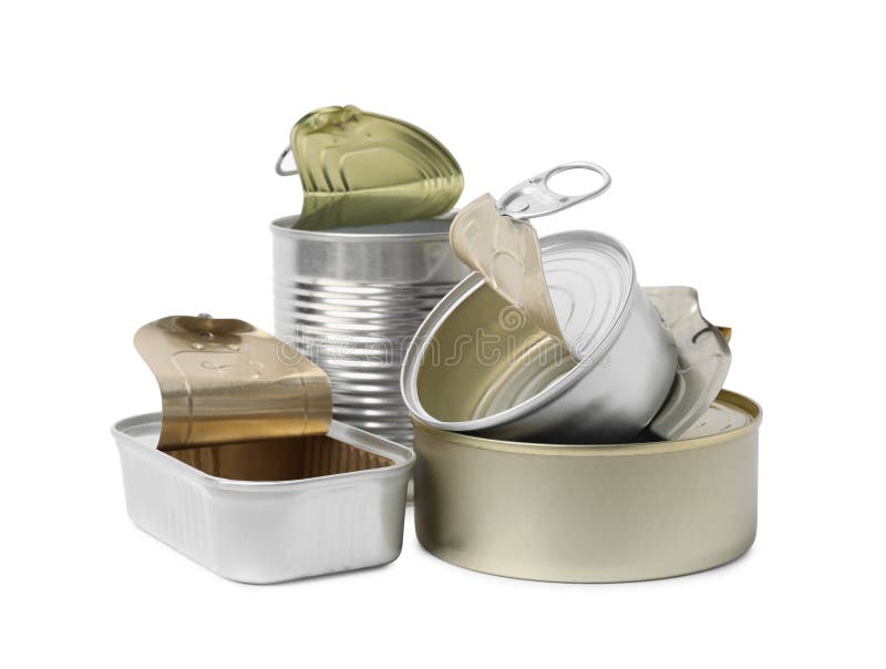 Muchas Latas De Lata Abiertas Aisladas En Blanco Imagen de archivo ...