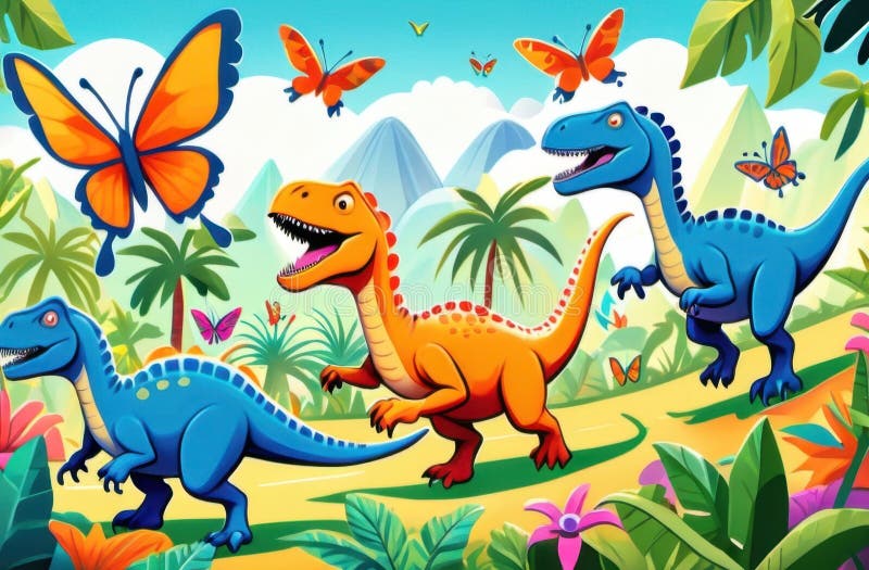 Muchos Dinosaurios Corriendo En Una Escena Colorida En El 8122024 Stock ...