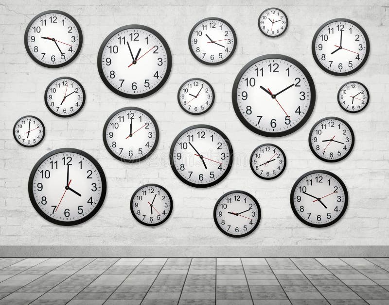 Muchos relojes en la pared stock de ilustración. Ilustración de puntura ...