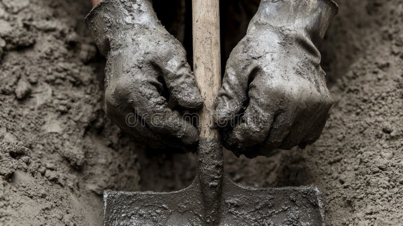 Mud-covered Hands Grasp a Worn Shovel, Digging into Wet Concrete at a ...