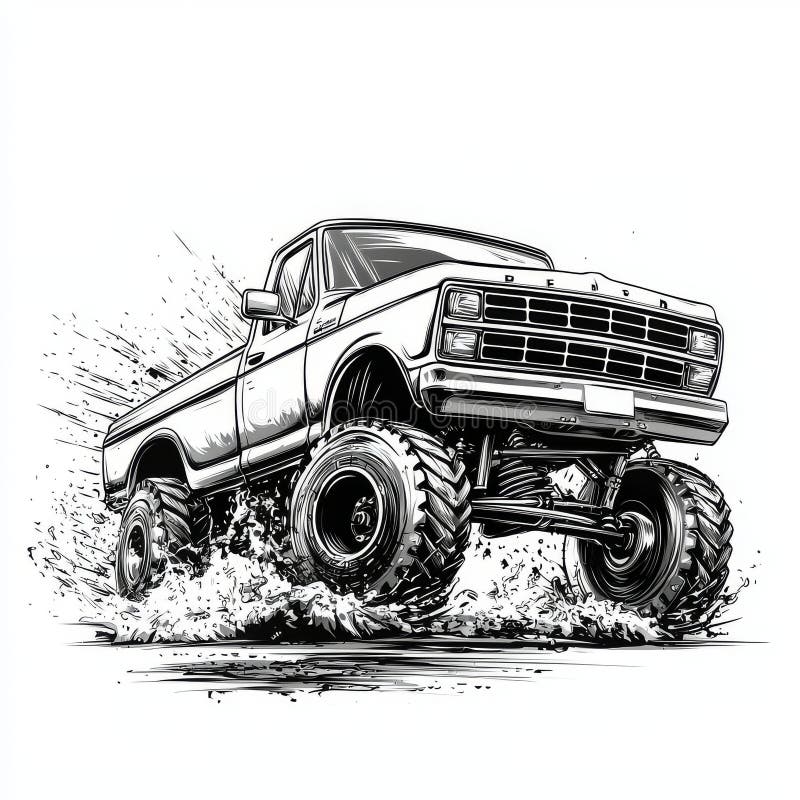 Mud-covered Monster Truck Illustrated in Black and White. Stock Photo ...