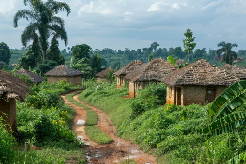 Mud Huts Along Dirt Path in Lush Village Landscape with Palm Trees ...