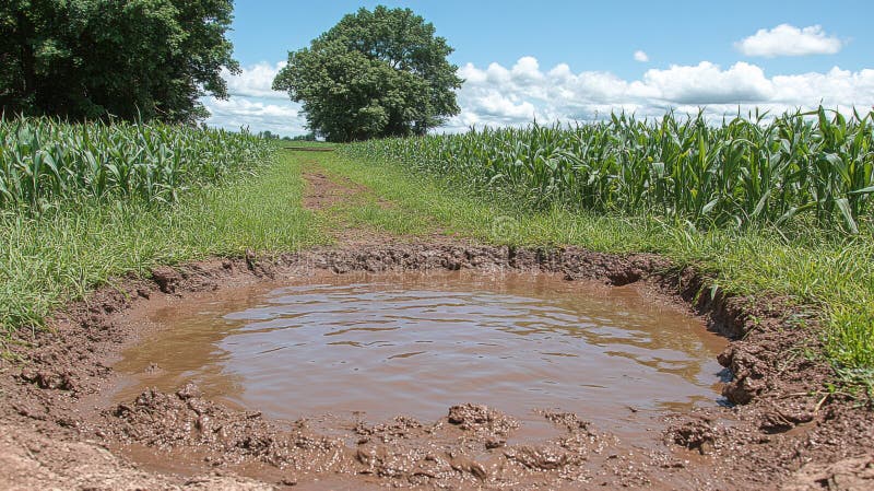 Mud Puddle on a Dirt Road through a Cornfield Stock Illustration ...