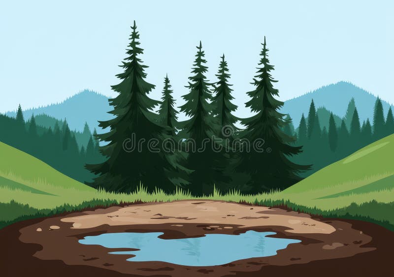 Mud Puddle on Forest Road in Cartoon Stock Image - Image of bush, leaf ...