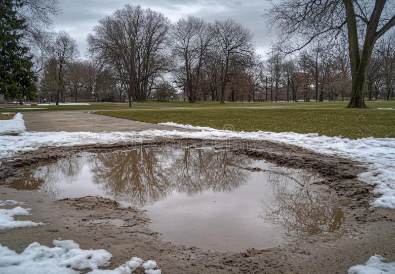 Mud Puddle Reflection in Winter Park Landscape High Quality Image Stock ...