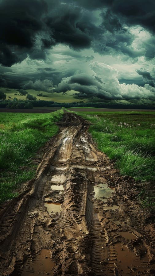 Mud Road through Green Fields Under Dramatic Cloudy Sky, Landscape ...