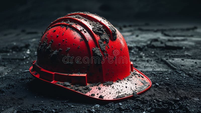 Mud Splattered Red Hard Hat Rests on Dark Ground Suggesting ...