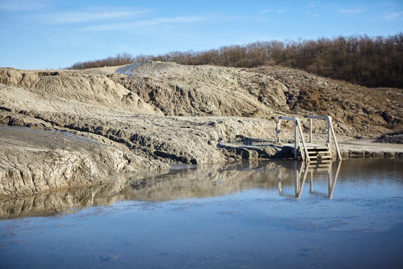 A Mud Volcano and a Stream of Grey Clay from an Eruption and Gas Escape ...
