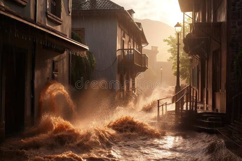 Mud with Water in a Large Stream Flows Down the Street after a Downpour ...