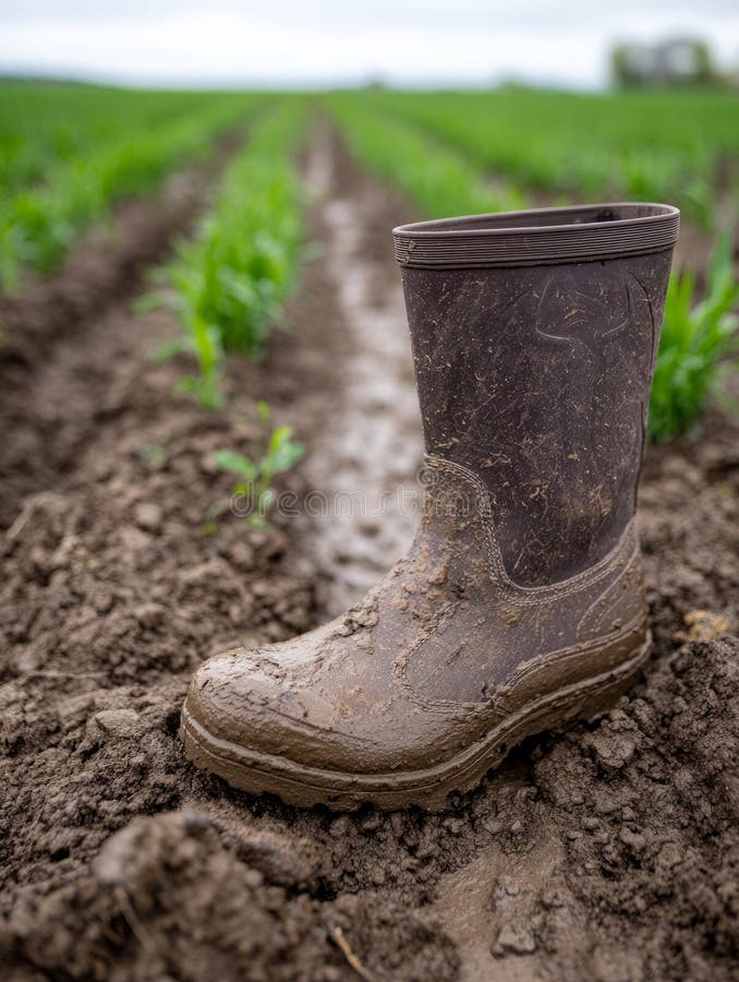 Muddy Boot on a Dirt Path in a Farm Field. Stock Image - Image of ...