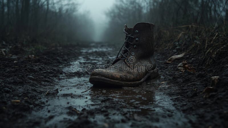 Muddy Boot on a Misty Forest Path Stock Illustration - Illustration of ...