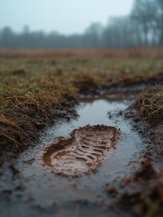 A Muddy Boot Print in a Puddle on an Overcast Day. Stock Photo - Image ...