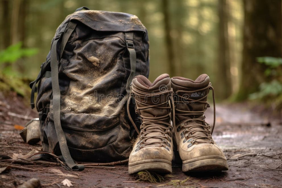 Muddy Boots beside a Backpack after a Long Hike Stock Illustration - Illustration of trail ...