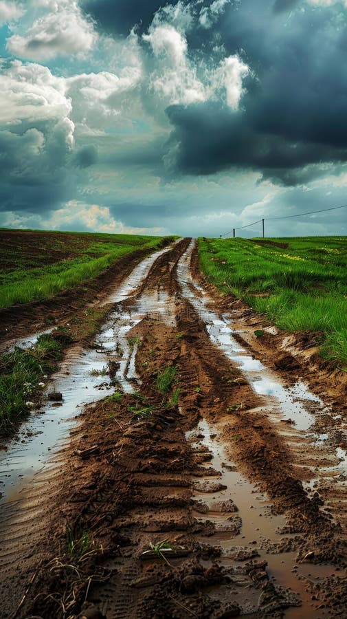 Muddy Dirt Road through Green Fields Under a Dramatic Cloudy Sky ...