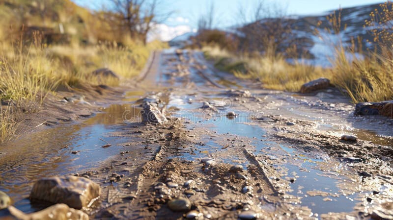 A Muddy Dirt Road in a Mountain Valley with Puddles of Water and Rocks ...