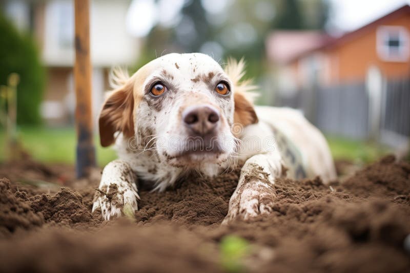 Muddy Dog Lying in a Freshly Dug Garden Bed Stock Image - Image of ...