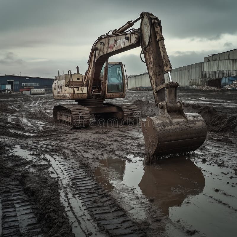 Muddy Excavator Resting on Construction Site Under Cloudy Sky Stock ...
