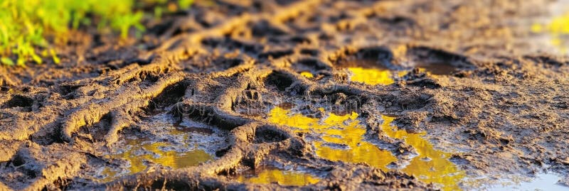 Muddy Footprints Trail with Yellow Light Reflection on Wet Path Stock ...