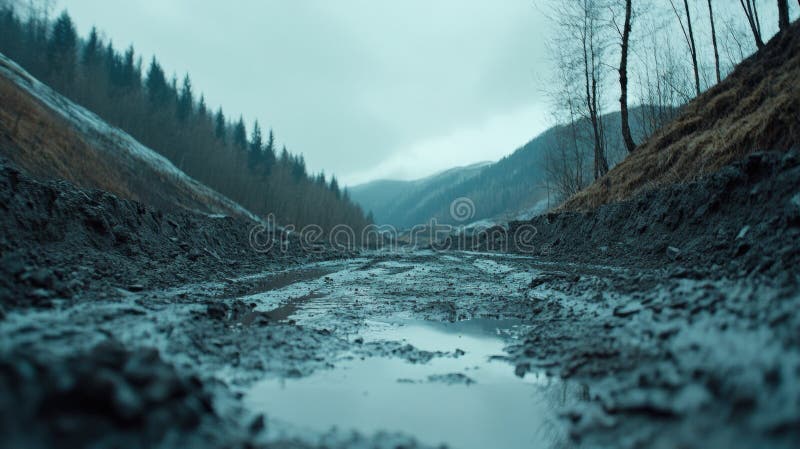 Muddy Forest Path Leads through Misty Mountains Under a Cloudy Sky, AI ...