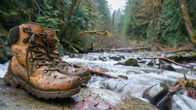 Muddy Hiking Boots Resting by a Rushing Forest Stream in Wilderness ...
