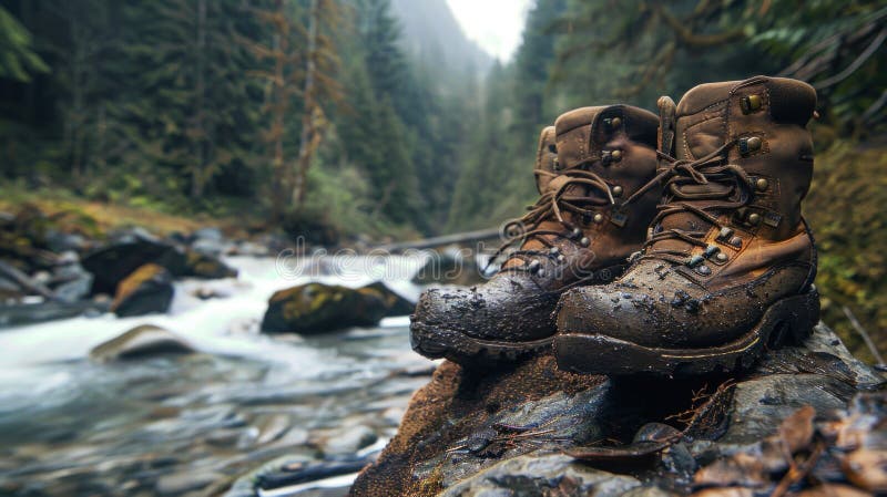 Muddy Hiking Boots by River in Forest Wilderness Adventure Stock Photo ...