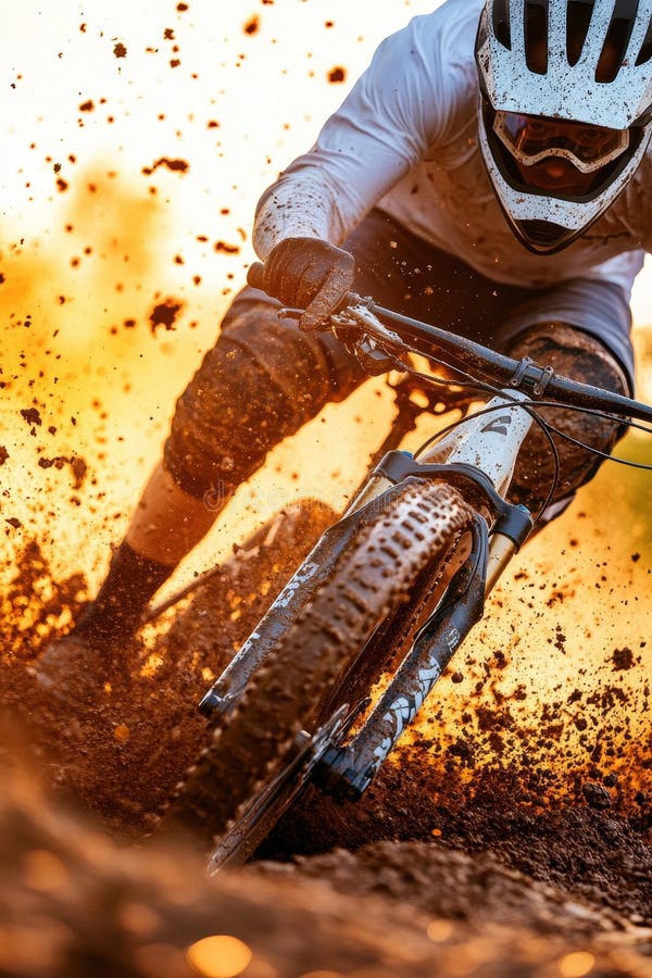 Muddy Mountain Biker Speeds Downhill, Splashing Dirt and Sunlight Stock ...