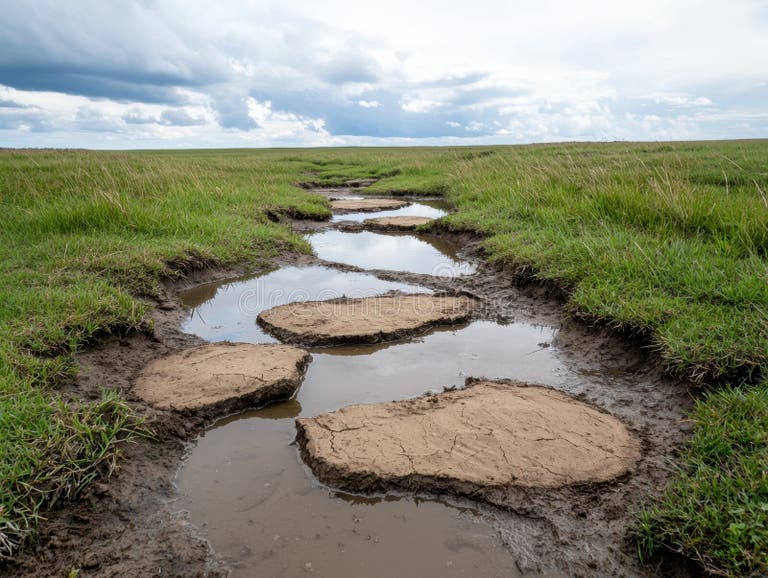 Muddy Path through Grassy Field Under Cloudy Sky Stock Illustration ...