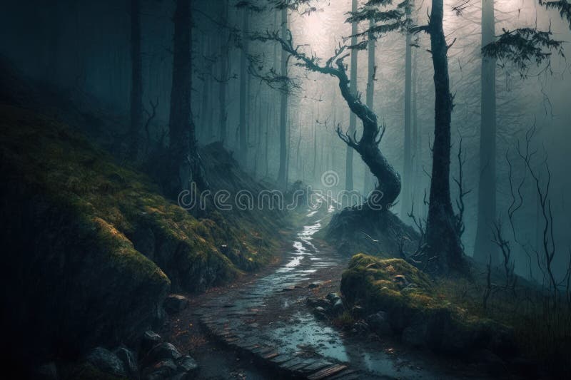 Muddy Path through a Humid, Foggy Forest Stock Illustration ...