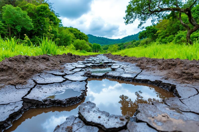 A Puddle of Water in the Middle of a Dry, Cracked Ground Stock Image ...