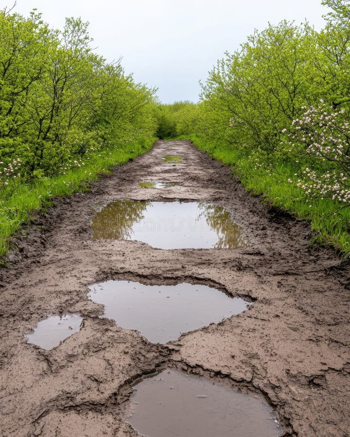 Muddy Path through Lush Spring Forest Stock Illustration - Illustration ...