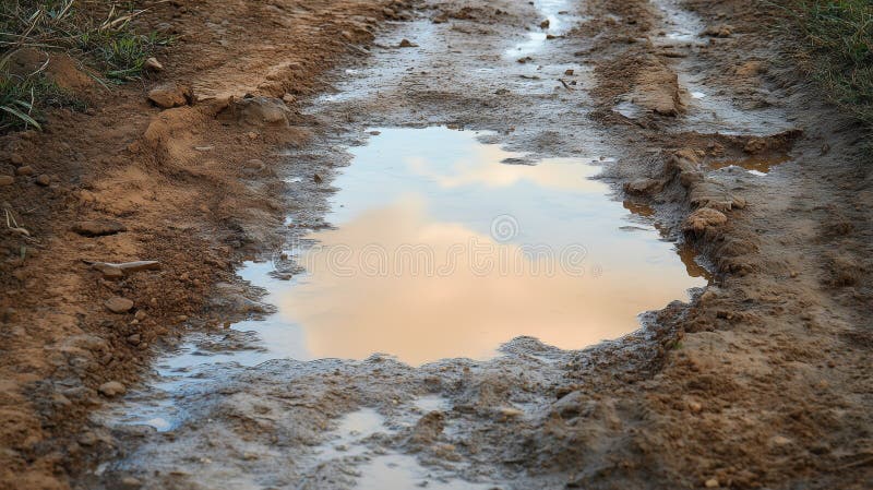 Muddy Path with Puddle Reflecting Sky and Clouds Stock Illustration ...