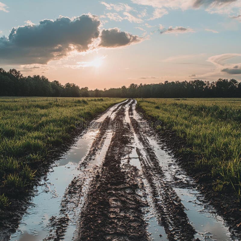 The Muddy Path Was Surrounded by Lush Greenery and Trees As a Sunset ...