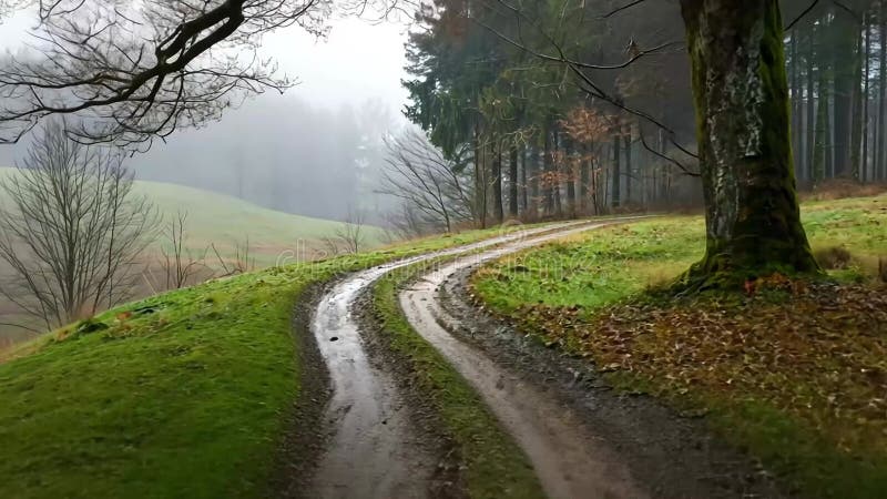 Muddy Path Winding through a Misty Forest, Flanked by Green Grass and ...