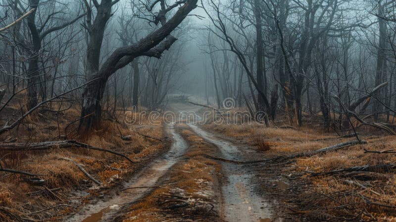 Foggy Forest Path with Bare Trees and Muddy Trail during a Gloomy Day ...