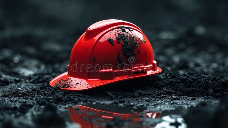 Muddy Red Hard Hat on Dark Ground Symbol of Construction Work Safety ...