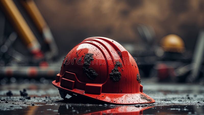 Muddy Red Hard Hat on Ground Sign of Hard Work and Construction Stock ...