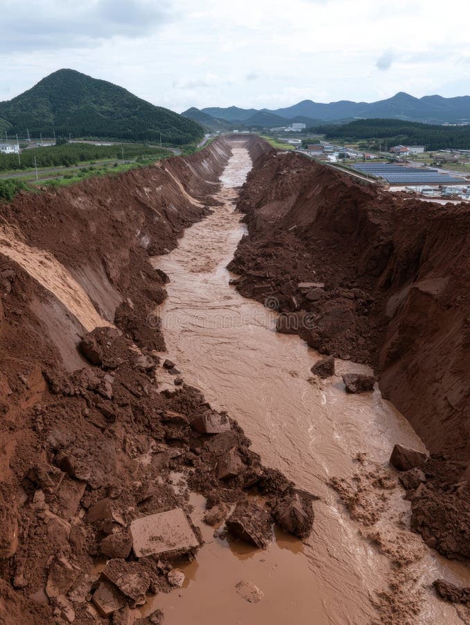 A Muddy River Flows through a Deep Channel after a Landslide. Stock ...