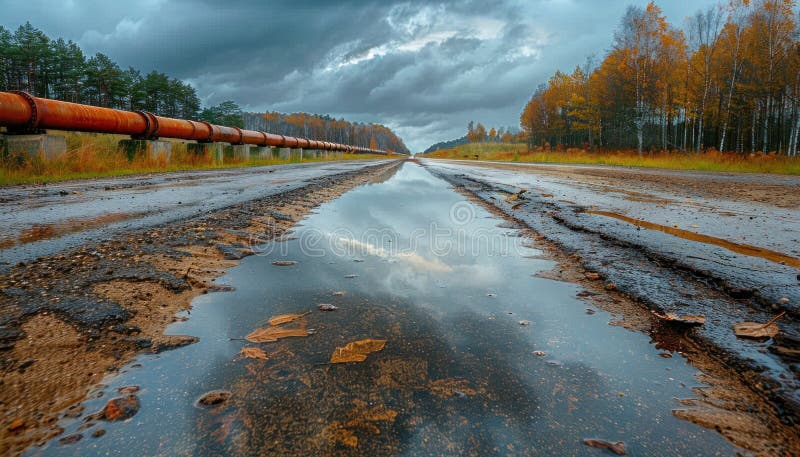 Muddy Path with a Water Puddle, Pipe, and Cloudy Sky in a Natural ...