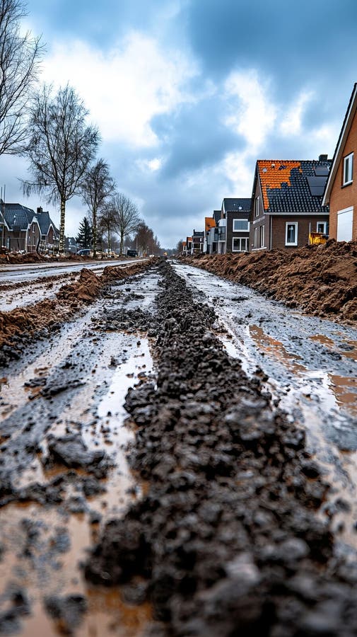 A Muddy Road in the Middle of a Residential Area Stock Photo - Image of ...