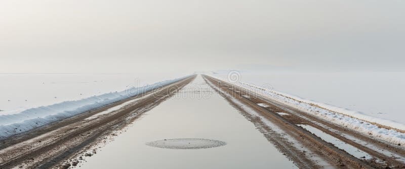 Muddy Road Surrounded by Snow with a Puddle in the Middle during Winter ...