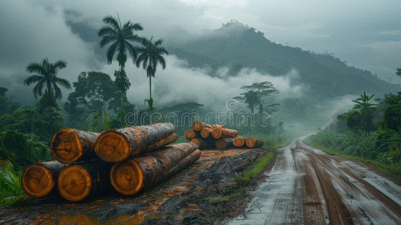 A Muddy Road Winds through a Lush Rainforest, with Stacks of Logs Lying ...