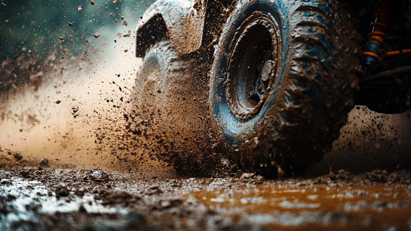 Muddy Splash Moment, Wheels Spinning, Side View Dynamic Action . Stock ...