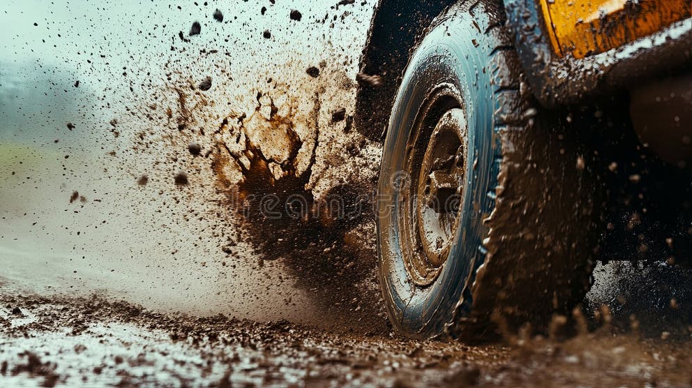 Muddy Splash Moment, Wheels Spinning, Side View Dynamic Action . Stock ...