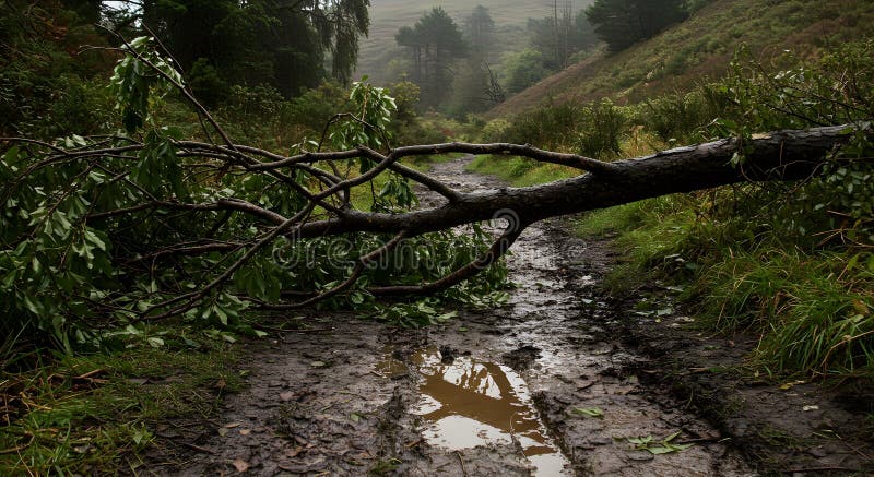 Muddy Trail Obstructed by Fallen Tree after Storm Damage in a Lush ...