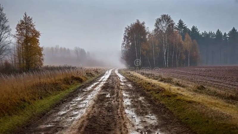 A Muddy Trail Vanishes into the Fog Flanked by Bare Trees and Fields ...