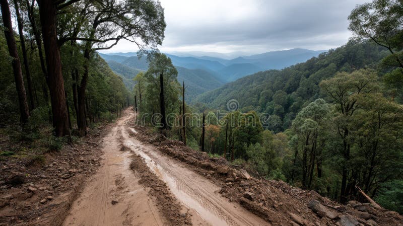 Muddy Trail Winds through Dense Forest with Mountains in Distance Stock ...
