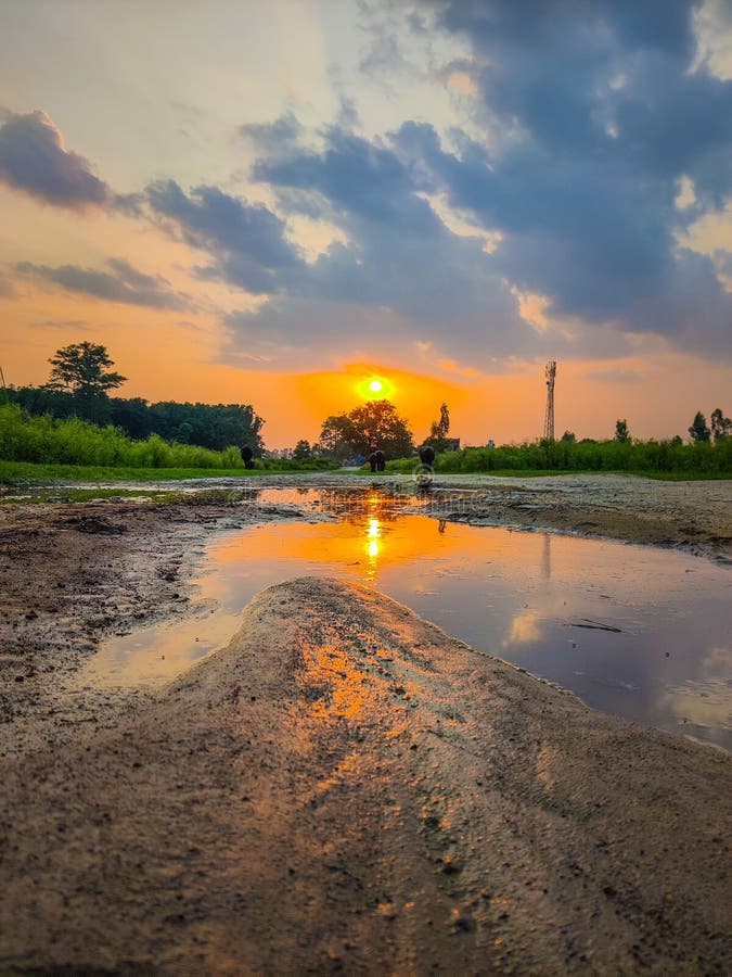 Muddy Water Reflection Village Path Sunset Photography Stock Image ...