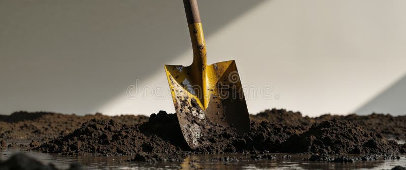 A Muddy Yellow Shovel Digs in Wet Dark Soil. Stock Photo - Image of ...