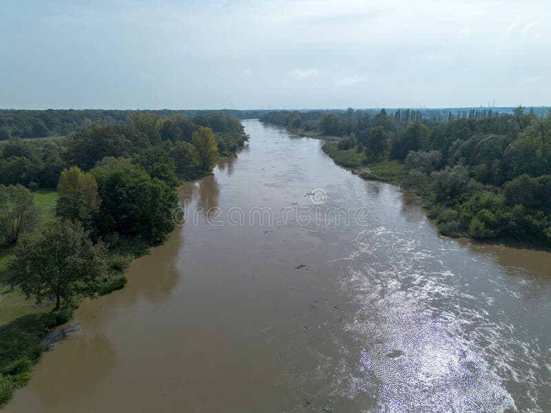 Mudflow of Water in the Oder River of Brown Color. Poland. View from Above Stock Photo - Image ...