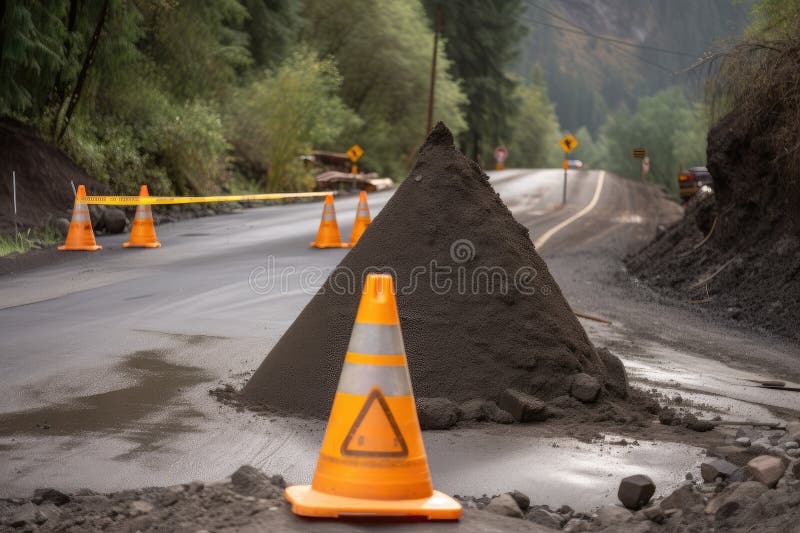 Mudslide Barricade Blocking Road, with Warning Sign and Cone Stock ...